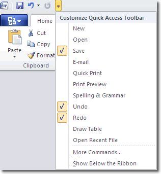 Customise Quick Access Toolbar