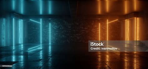 네온 미래 조명 그런 지 Sci Fi 지하 차고 주차장 자동차 룸 시멘트 아스팔트 콘크리트 벽돌 벽 현실적인 블루 오렌지 색상 사이버 배경 3d 렌더링 0명에 대한 스톡