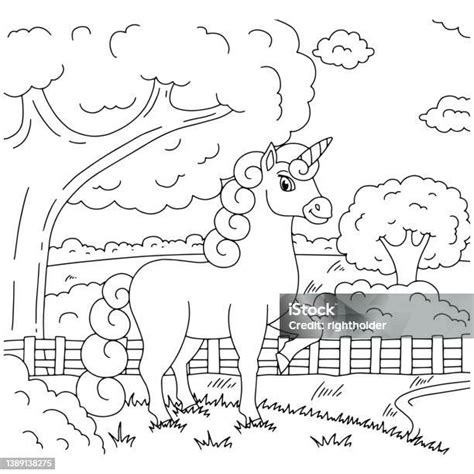 ยูนิคอร์นนางฟ้าเวทมนตร์บนภูมิทัศน์ ม้าน่ารัก หน้าสมุดระบายสีสําหรับเด็ก สไตล์การ์ตูน ภาพ