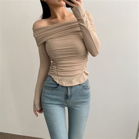 시스루 글램 여리핏 슬림 셔링 오프숄더 긴팔 티셔츠 섹시 4 Color 에이블리