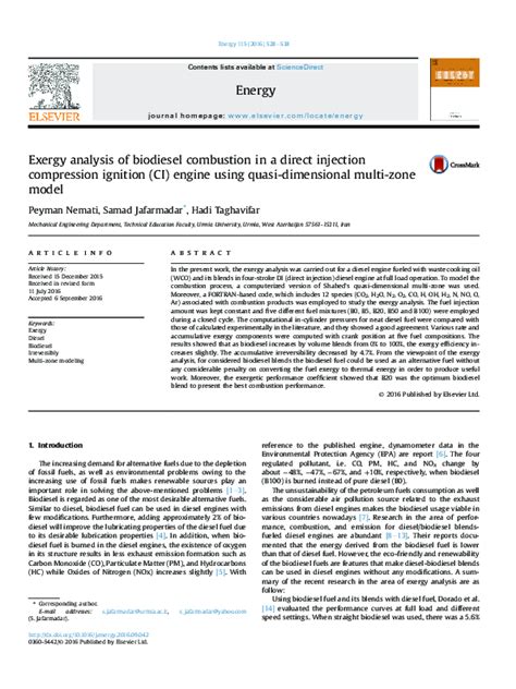 Pdf Exergy Analysis Of Biodiesel Combustion In A Direct Injection Compression Ignition Ci