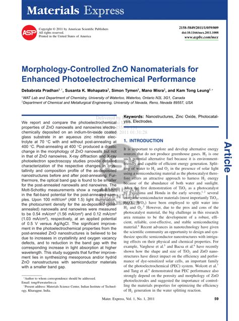 Pdf Morphology Controlled Zno Nanomaterials For Enhanced Photoelectrochemical Performance