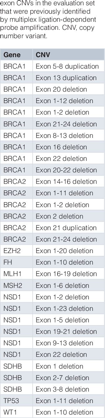Table 1 From Accurate Clinical Detection Of Exon Copy Number Variants In A Targeted Ngs Panel