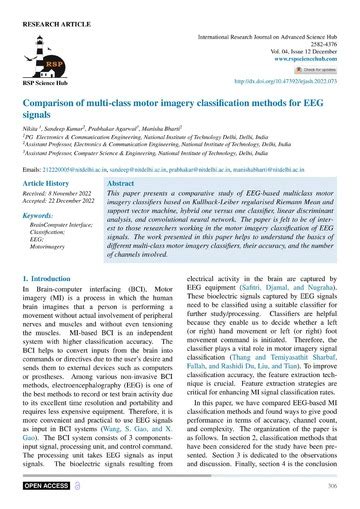 Comparison Of Multi Class Motor Imagery Classification Methods For Eeg