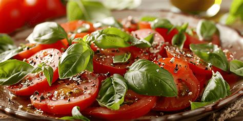 토마토와 바질이 포함된 맛있게 배열된 접시 다채로운 요리 프레젠테이션 신선함 토마토 바질 신선한 재료 배경 일러스트 및 사진 무료 다운로드 Pngtree