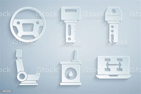 모터 오일용 캐니스터 원격 좌석 자동차 진단 조건 및 스티어링 휠 아이콘이 있는 자동차 키를 설정합니다 벡터 3차원 형태에 대한 스톡 벡터 아트 및 기타 이미지 Istock