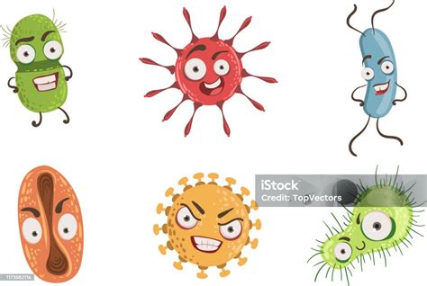 귀여운 재미 미생물 세트 다채로운 박테리아와 다양한 감정 벡터 일러스트와 병원균 문자 0명에 대한 스톡 벡터 아트 및 기타