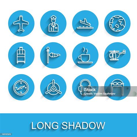 세트 라인 나침반 비행기 프로펠러 마이크가 있는 헤드폰 비행사 모자 고글 원뿔 기상학 바람개비 헬리콥터 및 커피 컵 아이콘 벡터