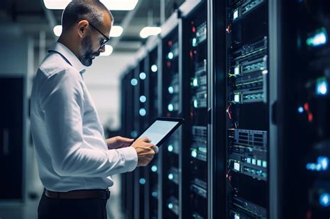 Premium Ai Image Technician Analyzing Data On Tablet While Standing Next To Server Racks In A