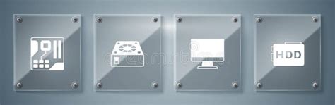 Set Hard Disk Drive Hdd Computer Monitor Screen Cooler And Motherboard Digital Chip Square