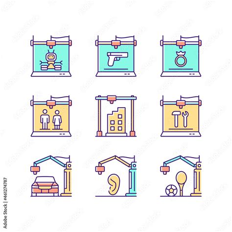 3d printing process rgb color icons set design representation rapid