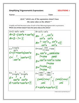 Trig Identities Simplifying Trig Expressions Group Activity Typed Solutions