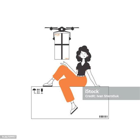 소녀는 무인 항공기로 패키지를 배달합니다 드론 배달 개념 선형 트렌디 한 스타일 흰색 배경에 고립되어 있습니다 벡터 일러스트레이션 가상현실에 대한 스톡 벡터 아트 및 기타