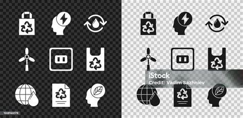 재활용 머리 및 전기 기호 깨끗한 아쿠아 재활용 물방울의 지구 행성 인간의 머리 잎 내부 풍력 터빈 및 전기 콘센트 아이콘이 있는 종이 봉지를 설정합니다 벡터 가을에 대한