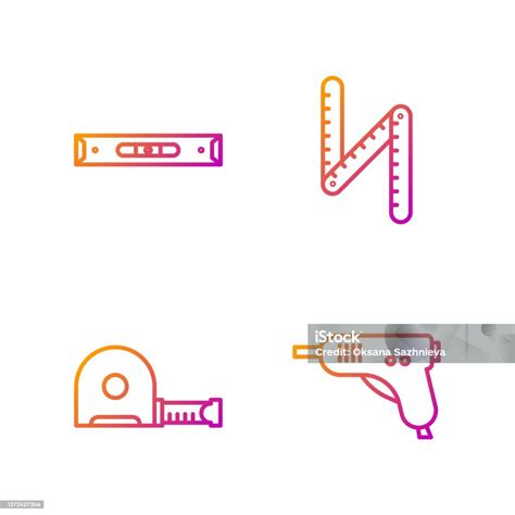 세트 라인 전기 뜨거운 접착제 총 룰렛 구조 건설 버블 레벨 및 접이식 통치자 그라데이션 색상 아이콘입니다 벡터 거리가 먼에 대한 스톡 벡터 아트 및 기타 이미지 Istock