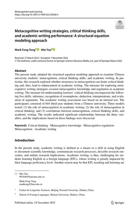 Pdf Metacognitive Writing Strategies Critical Thinking Skills And Academic Writing