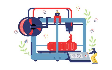 기술자 직원 캐릭터가 있는 3d 프린터 평면 벡터 삽화 3차원 형태에 대한 스톡 벡터 아트 및 기타 이미지 3차원 형태