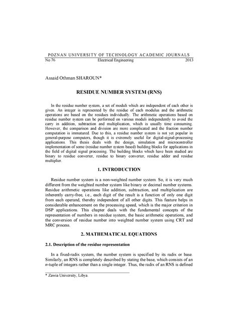 Residue Number System Rns P O Z N A N Un I Ve Rs I T Y O F T E C Hn O