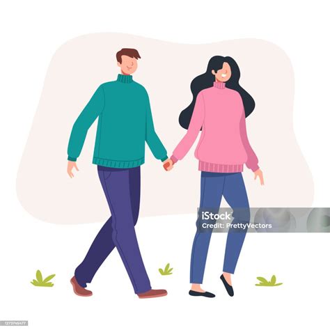 행복한 부부 남자와 여자 캐릭터 걷기 벡터 플랫 그래픽 디자인 일러스트레이션 걷기에 대한 스톡 벡터 아트 및 기타 이미지 걷기 2명 단순함 Istock
