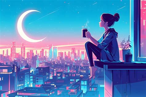Rooftop Reverie Anime Girl In The Urban Jungle Anime Girl Sitting On Building City Cartoon