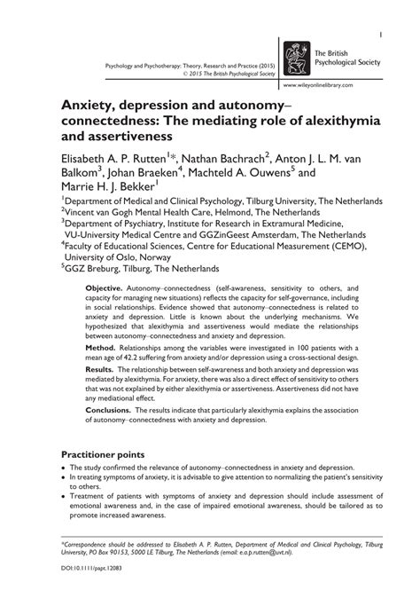 Pdf Anxiety Depression And Autonomy Connectedness The Mediating