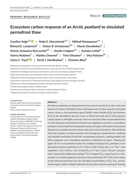 Pdf Ecosystem Carbon Response Of An Arctic Peatland To Simulated Permafrost Thaw