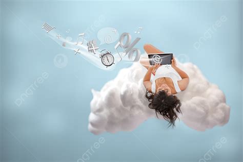 Brunette Girl Connecting To Cloud Computing Cloud Wireless Digital Photo Background And Picture