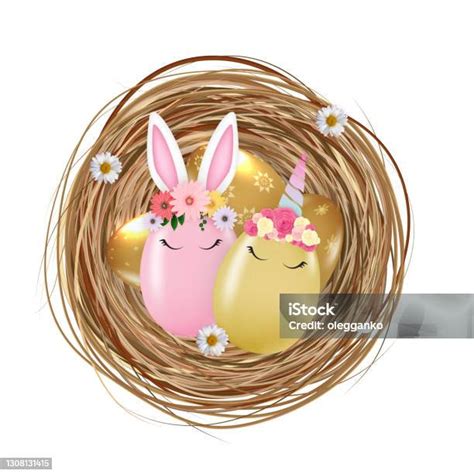 새 둥지에 행복한 부활절 귀여운 달걀 토끼 귀와 유니콘 벡터 일러스트레이션 개념에 대한 스톡 벡터 아트 및 기타 이미지 개념 계절 귀 부분 Istock
