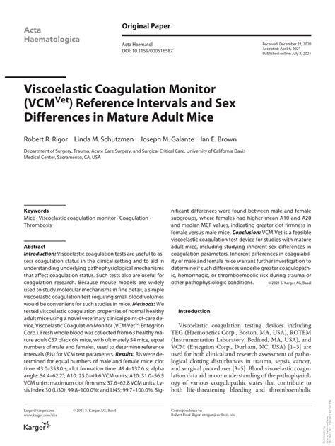 Pdf Viscoelastic Coagulation Monitor Vcmvet Reference Intervals And Sex Differences In