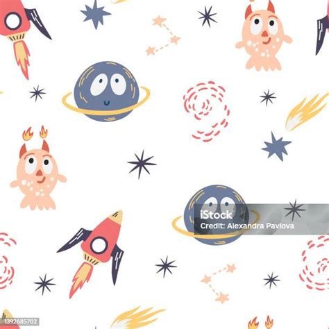 공간 이음새가 없는 패턴 만화 우주 로켓 몬서 행성 별이있는 배경 우주 어린이 디자인 벽지 섬유 및 인쇄에 적합합니다 벡터 손 그리기 그림 과학에 대한 스톡 벡터 아트 및
