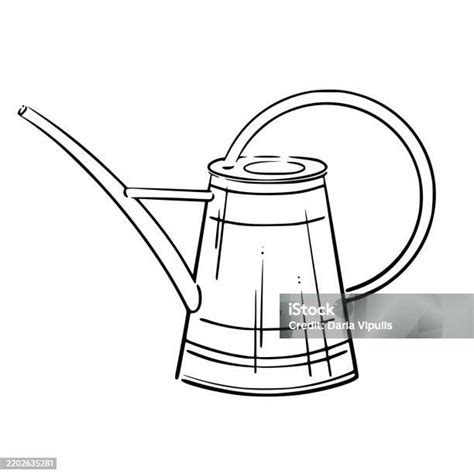 물뿌리개 세련 된 선형 벡터 그림 원예 도구의 스케치 정원 테라스 가정 장식 및 지속 가능한 생활 테마 카드 간판 스티커에 적합합니다 식물 관리 라벨 지침 0명에 대한 스톡