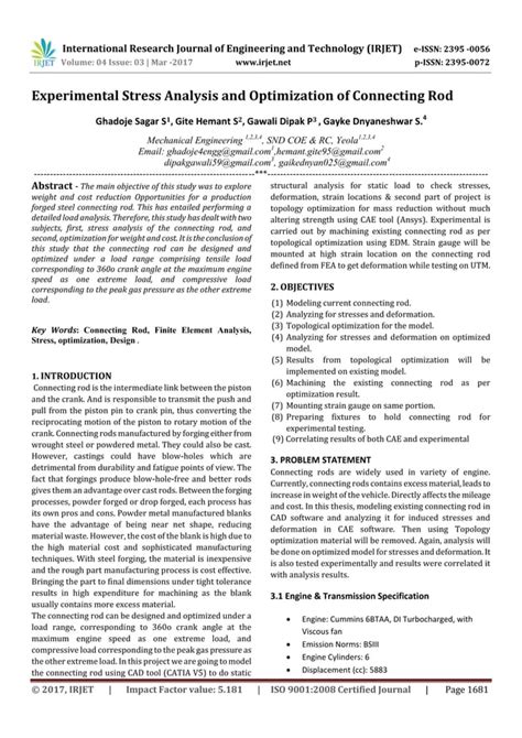 experimental stress analysis and optimization of connecting rod pdf