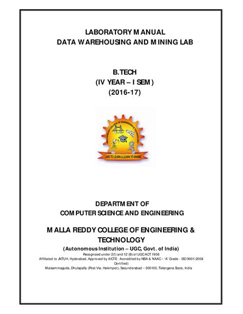 Cse Iv I Sem Notes Laboratory M Anual Data Warehousing And M Ining Lab B Iv Year I Sem