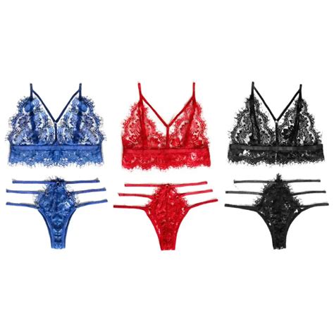 Sexy Harness Eyelash Lace Perspective Bra Panties Set Three Point