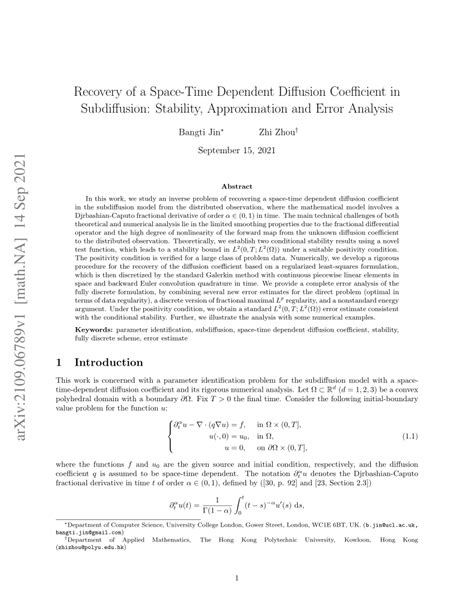 Pdf Recovery Of A Space Time Dependent Diffusion Coefficient In