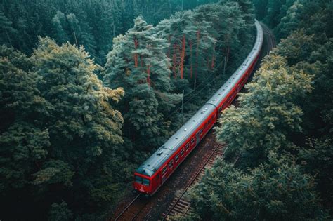 Bird39seye View Of Trains Passing Through The Forest Premium Ai Generated Image