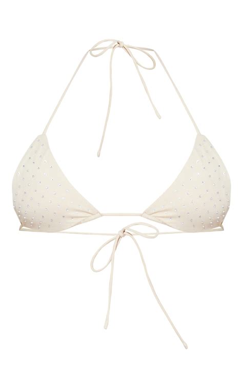 Nude Diamante Detail Micro Triangle Bikini Top Swimwear