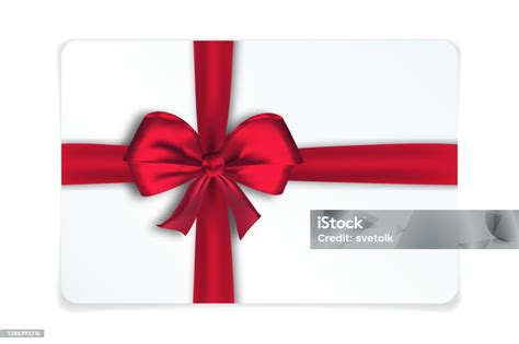 빨간 활과 리본이 있는 사실적인 기프트 카드 선물 골판지 종이 카드 템플릿의 벡터 그림 빈 바우처 또는 쇼핑 증명서 3차원 형태에 대한 스톡 벡터 아트 및 기타 이미지
