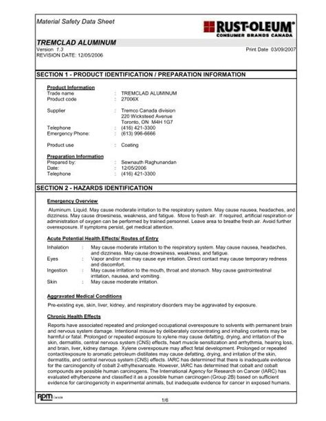 Msds Rust Oleum Paint Products