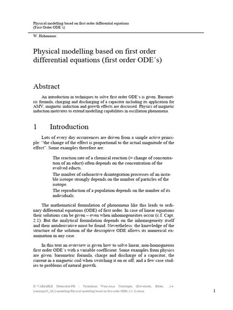 Physical Modelling Based On First Order Odes V13 Download Free Pdf