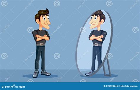 Narcissistic Man Checking Himself In The Mirror Vector Cartoon