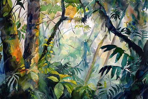 Watercolor Painting Of Lush Green Tropical Rainforest Premium Ai