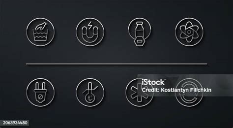세트 라인 손 세탁 전기 플러그 시험관 플라스크 비상 사태의 의료 기호 기상 온도계 자석 재활용 및 유당 무료 아이콘 벡터 건강 진단에 대한 스톡 벡터 아트 및 기타 이미지