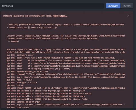 Installation Of “platformio Ide Terminal2100” Failed For Atom · Issue 839 · Platformio