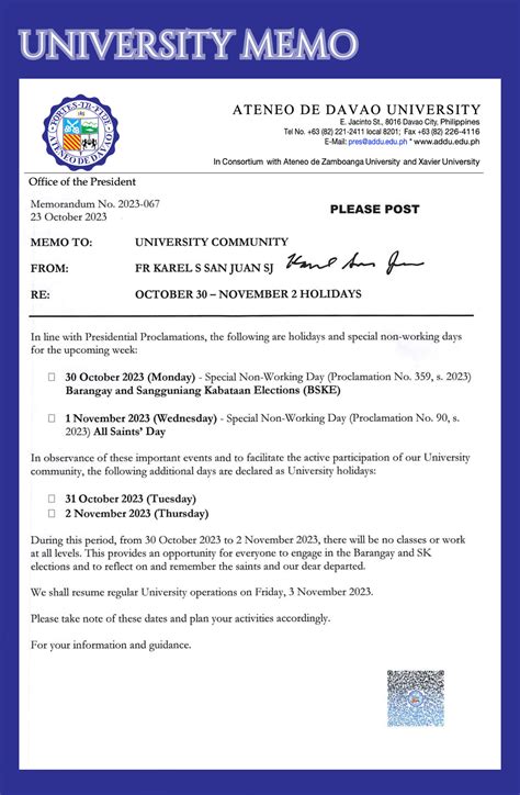 University Memo October 30 November 2 Holidays Grade School