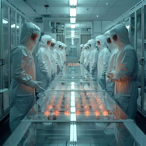 Premium Photo Technicians In Cleanroom Suits Working In HighTech Facility