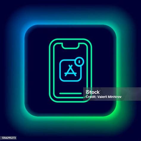 검은 색 배경에 격리 된 빛나는 네온 라인 모바일 앱 아이콘 화면 아이콘 응용 프로그램과 스마트 폰 화면을 보여주는 휴대 전화 다채로운 개요 개념 벡터 Brand Name