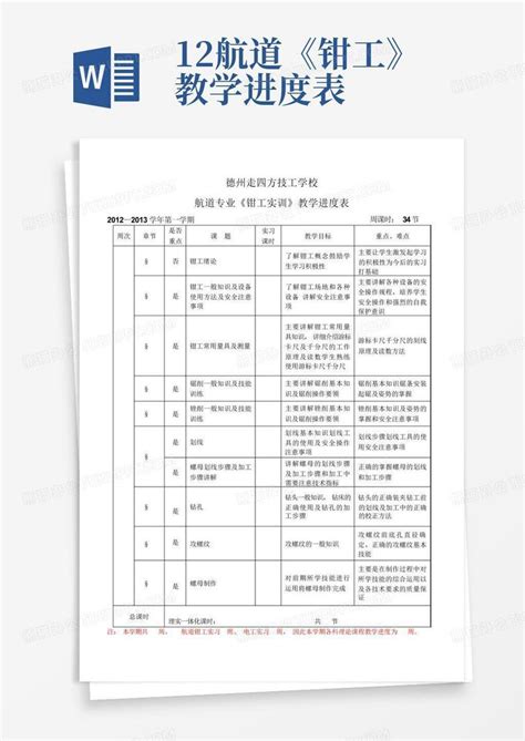 12航道钳工教学进度表 Word模板下载 编号lyjebjkm 熊猫办公