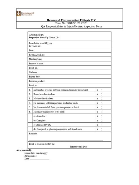 Sop For Qa Responsibilities In Injectable Area Inspection Form Pdf