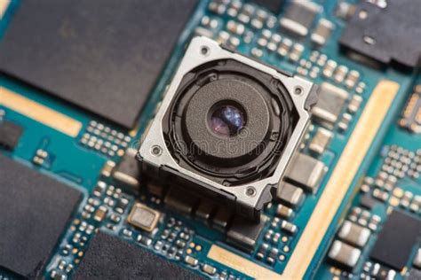Mobile Phone Camera Module On A Blue Printed Circuit Board Stock Photo Image Of Module